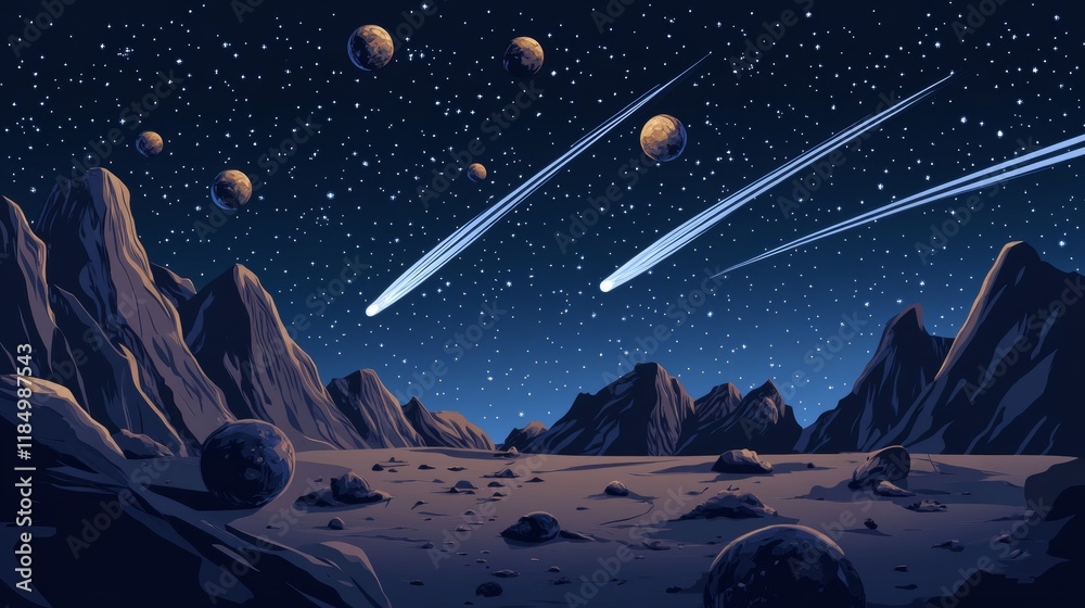 Alien planet landscape, night Mars surface with meteorites and spheres ...