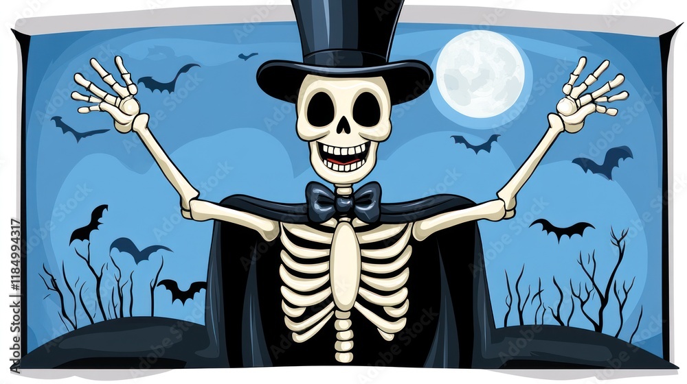 Cartoon skeleton in top hat and cape, arms outstretched, against a ...