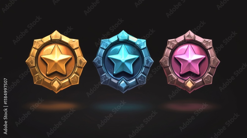Game rank gem badge ui award achievement in vector. Cartoon level medal ...