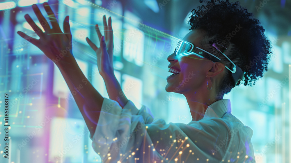 Student with VR headset using AI artificial intelligence technology ...