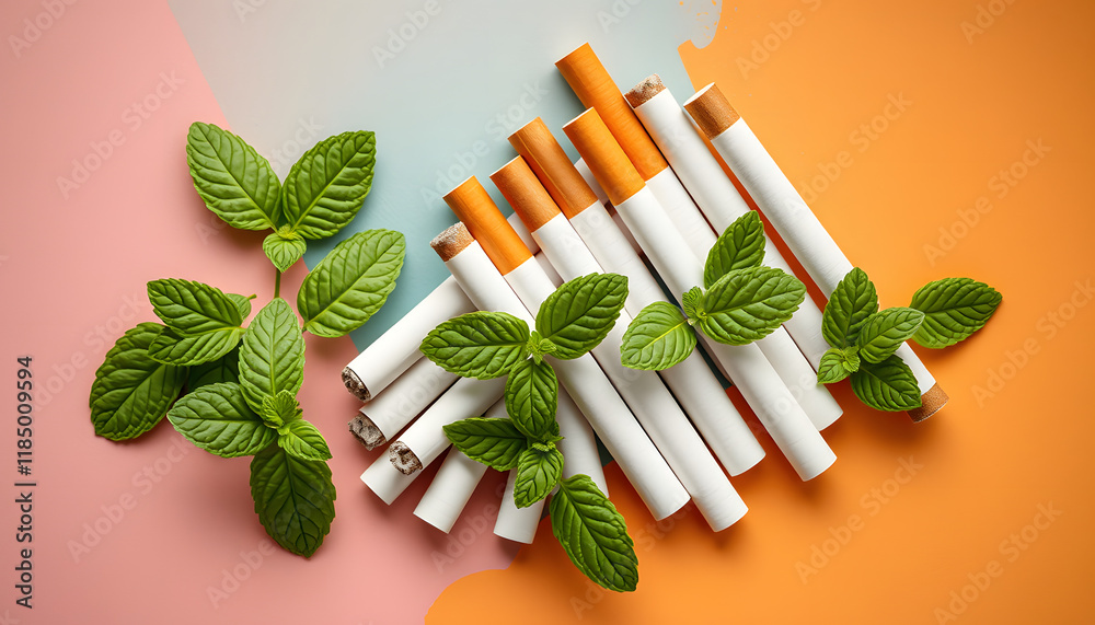 Menthol cigarettes and fresh mint leaves on colored background, Many ...