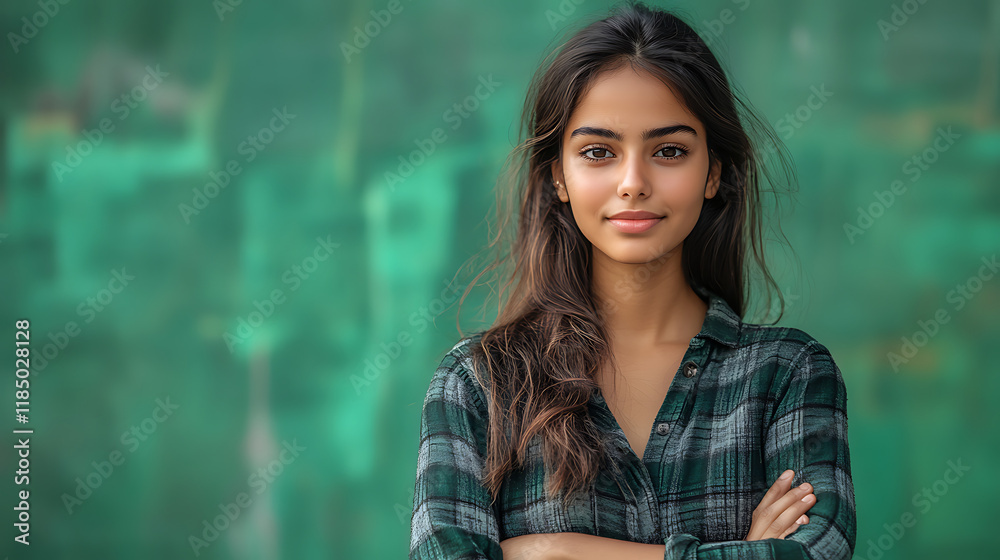 isolated young indian woman on green chroma background, confidently ...