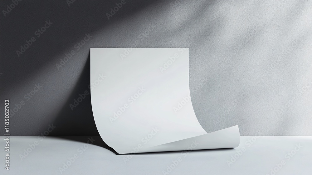 Blank curved paper sheet leaning on gray wall with shadow overlay Stock ...