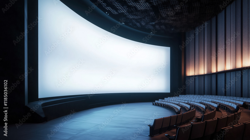IMAX Theater Interior with a Giant Curved White Screen and Tiered ...