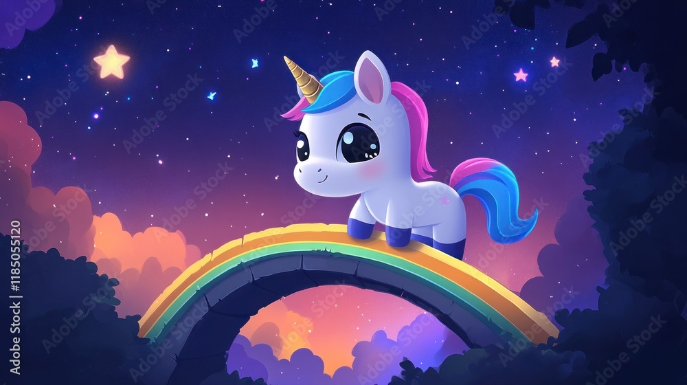 Cute unicorn on a rainbow bridge at night, starry sky, fantasy scene ...