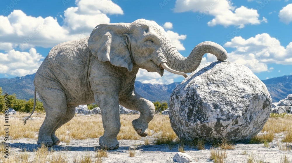 Elephant pushing large rock, determined effort, powerful animal, nature ...