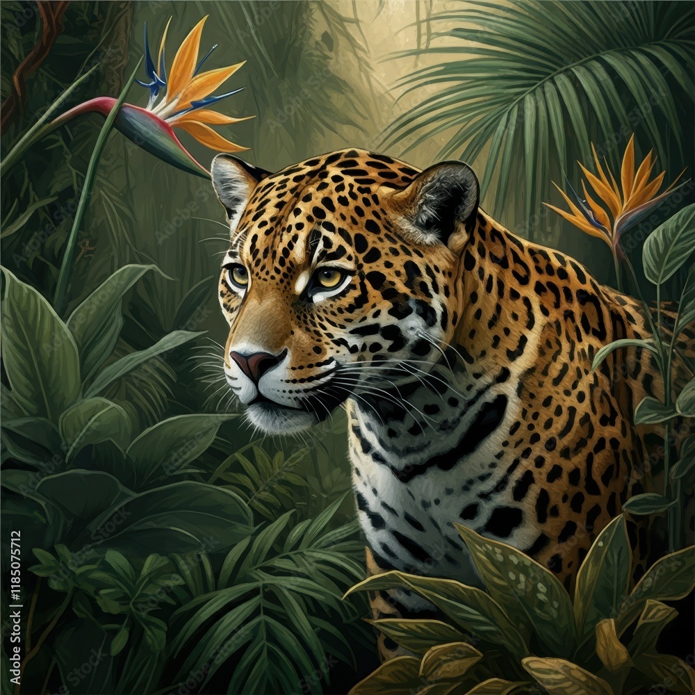 jungle scene, jaguar portrait, glowing eyes, lush foliage, dramatic ...