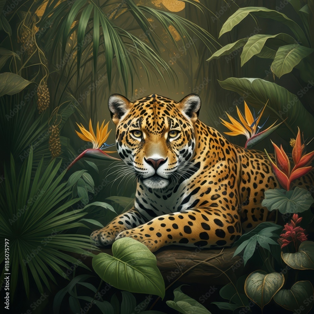 jungle scene, jaguar portrait, glowing eyes, lush foliage, dramatic ...