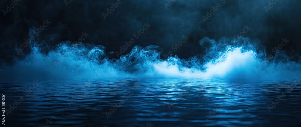 Blue ice rink in a professional arena, illuminated by neon lights and ...