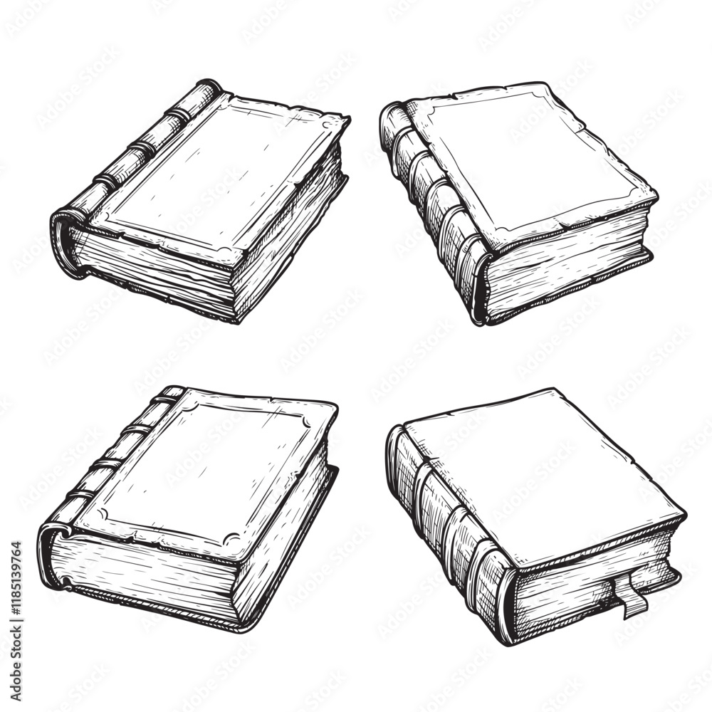 Hand drawn books sketch set. Vintage single and stack books. Education ...