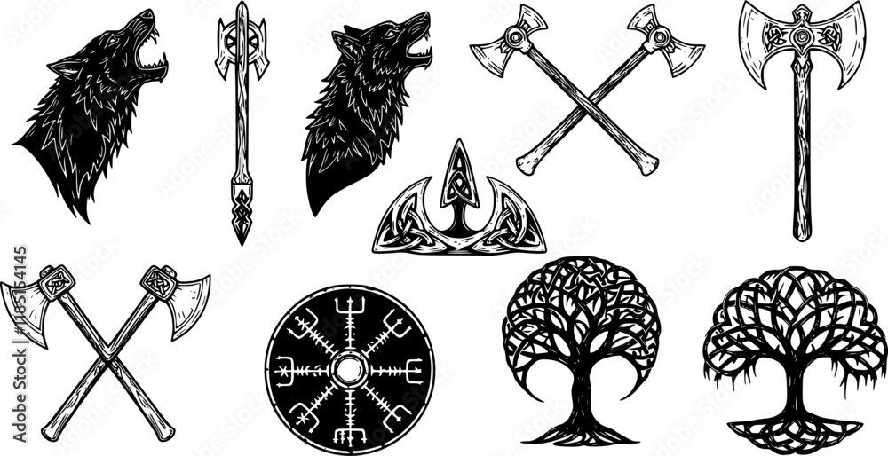 Viking runes and symbols collection. set of pagan norse sign vegvisir ...