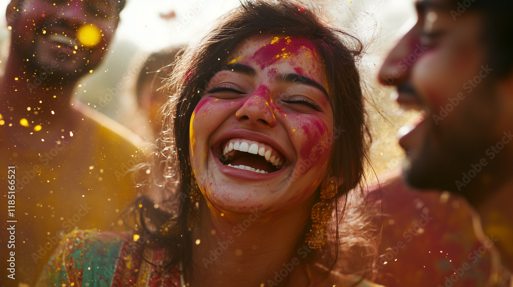 Joyful Indian Woman Covered in Vibrant Colorful Powder Celebrating Holi ...