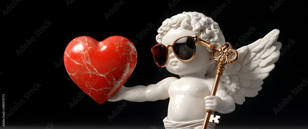 White marble sculpture of Cupid wearing black sunglasses holding a big ...