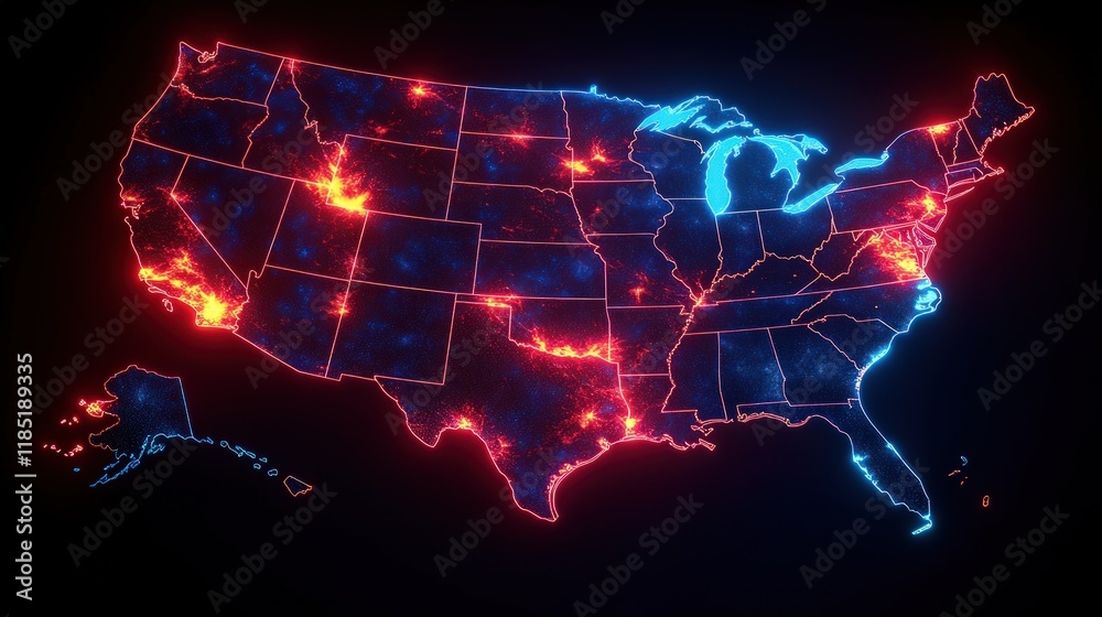 Glowing map of the USA showing population density with red and blue ...