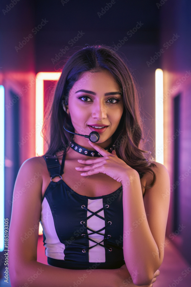 Attractive young Indian woman singer using headset microphone. Neon ...