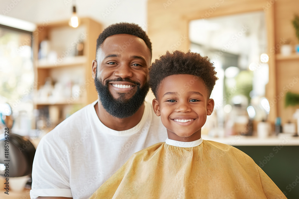 Father and son bond during a barber shop visit enjoying family time and ...