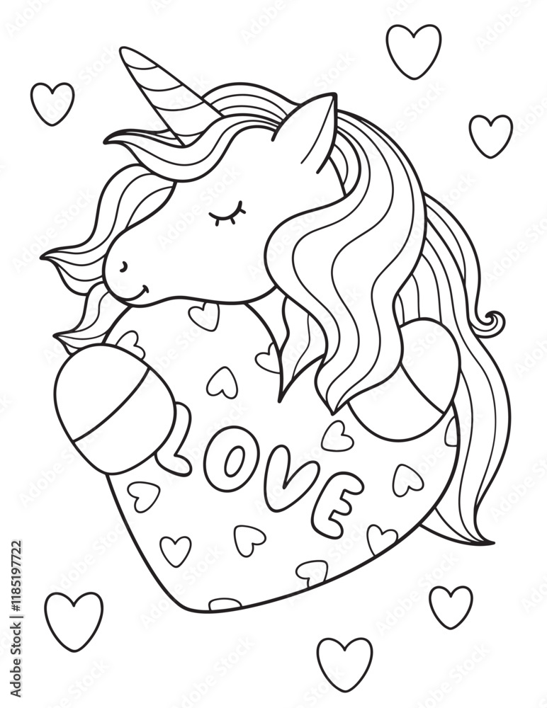 Unicorn with heart coloring page, love, Romance. Hand drawn vector ...