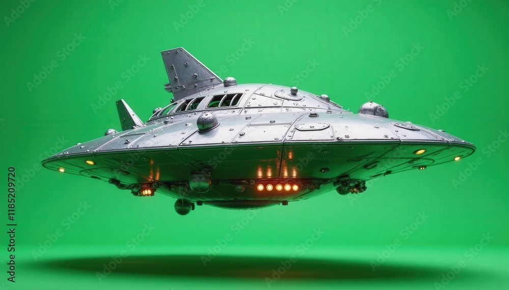 Retro metallic UFO hovers against a green screen backdrop - implying ...