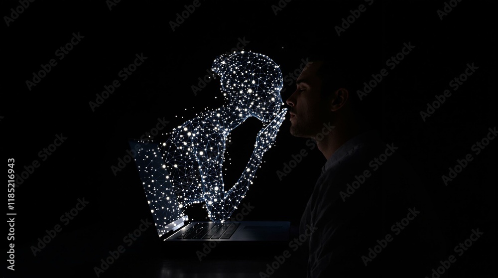 Artificial Intelligence Wireframe Neon Woman Halfway Emerging from a ...