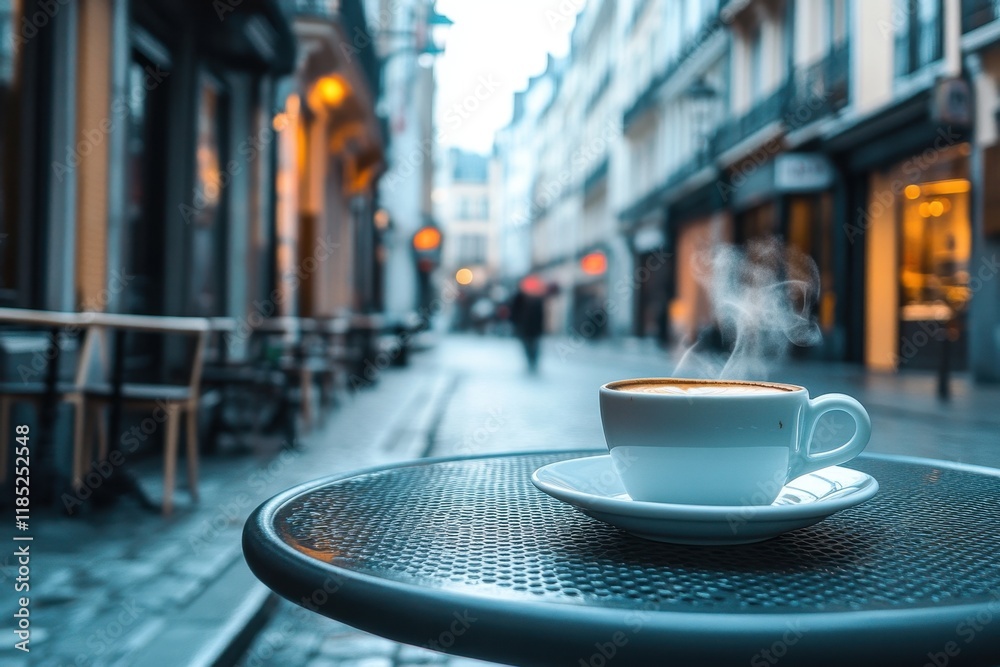 Cozy outdoor coffee scene in a quiet European street with steamed cup ...
