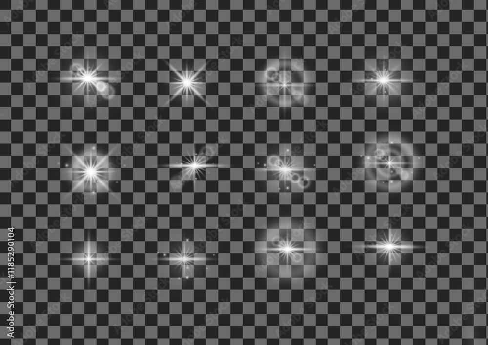 Lens flare. Camera light flash. Realistic shiny glints on transparent ...