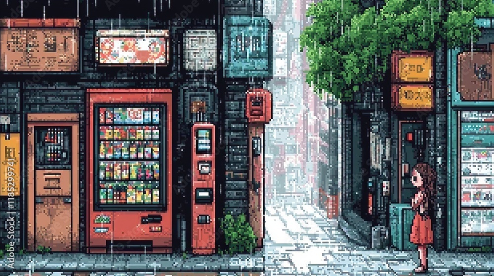 Pixel Art Rainy Day City Street Scene Girl Stock Illustration | Adobe Stock