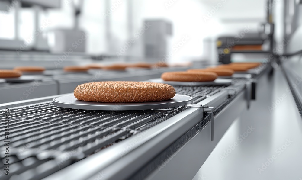 Baking Process in Modern Factory with Conveyor Belt Transporting ...