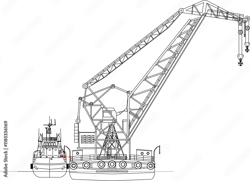 sketch illustrator of floating crane ship for lifting heavy objects on ...