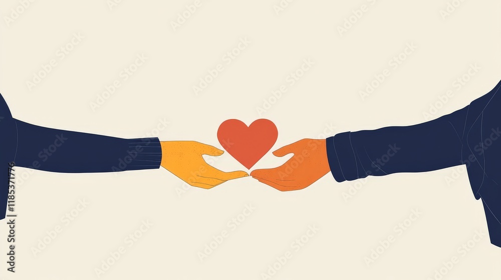 Minimalistic artwork of two hands exchanging a central glowing heart ...