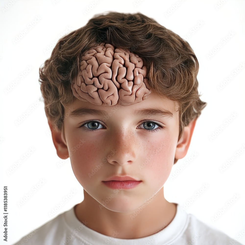 Thoughtful boy with a visible exposed brain and detailed circuits ...