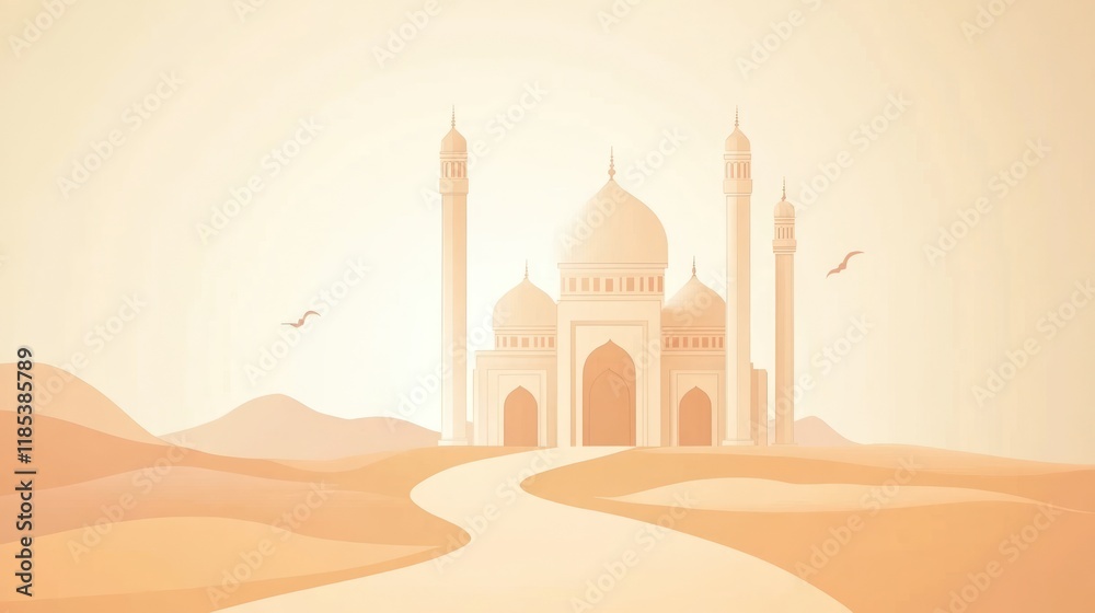 Desert Mosque Sunrise, path leading to peaceful Islamic architecture ...