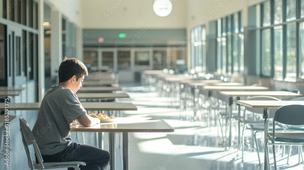 Sad Boy Alone in School Cafeteria Eating Lunch Stock Photo | Adobe Stock