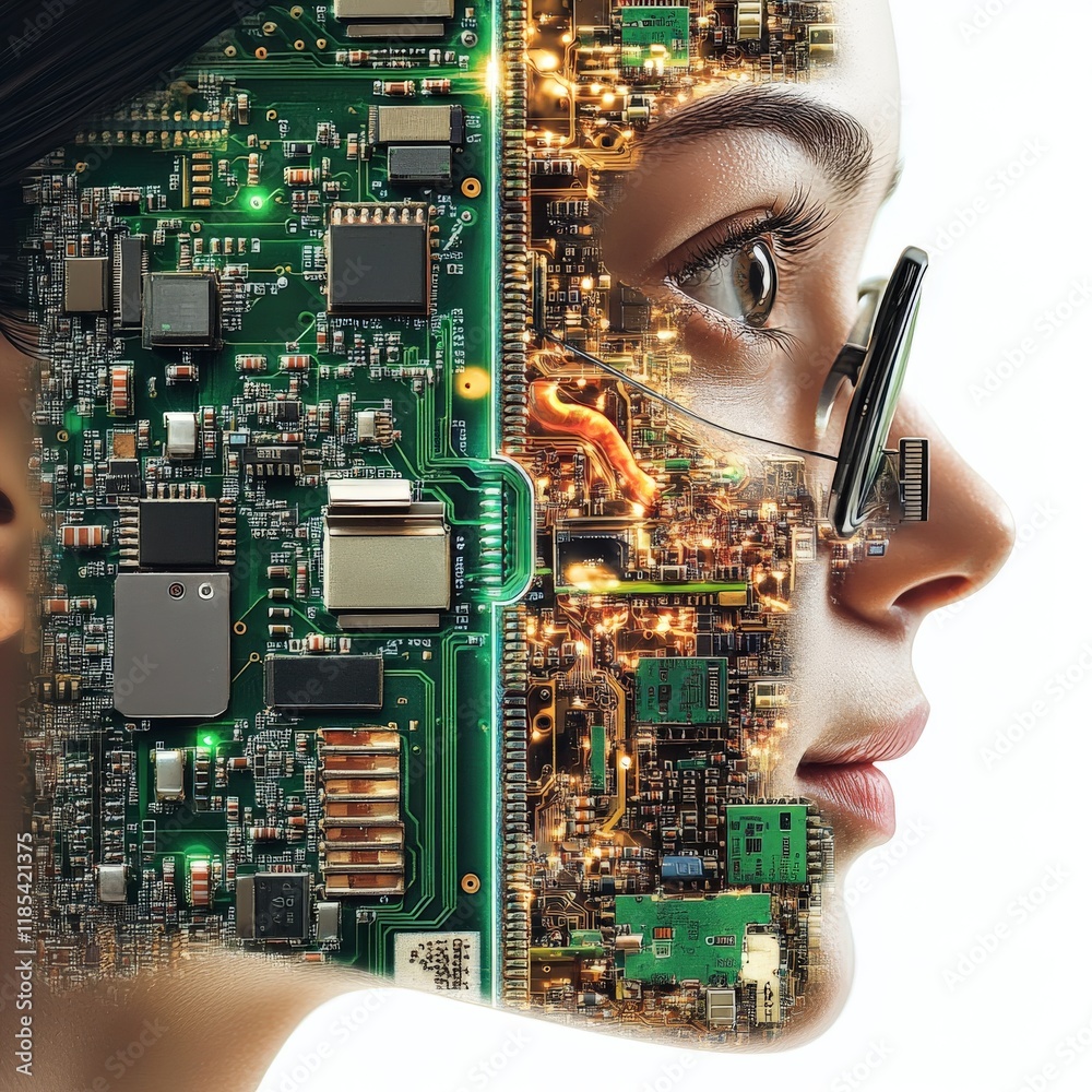 Futuristic microchip embedded in human face reflecting advanced cybernetic integration and AI ...