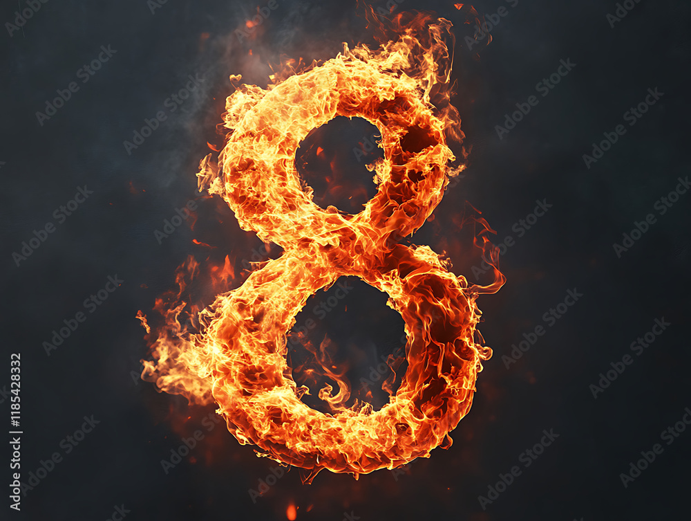 number 8 shaped from fiery red and orange flames, with a dark charcoal ...