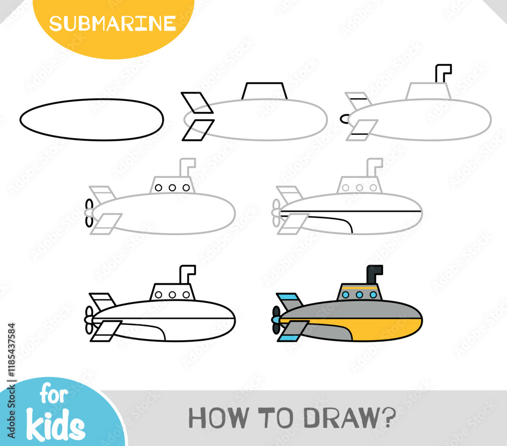 Vector de Stock How to draw Submarine for children. Step by step ...