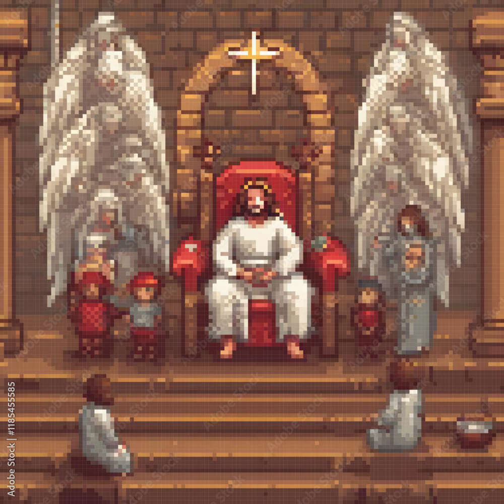 Pixel art depiction of Jesus on a throne with angels Stock Vector ...