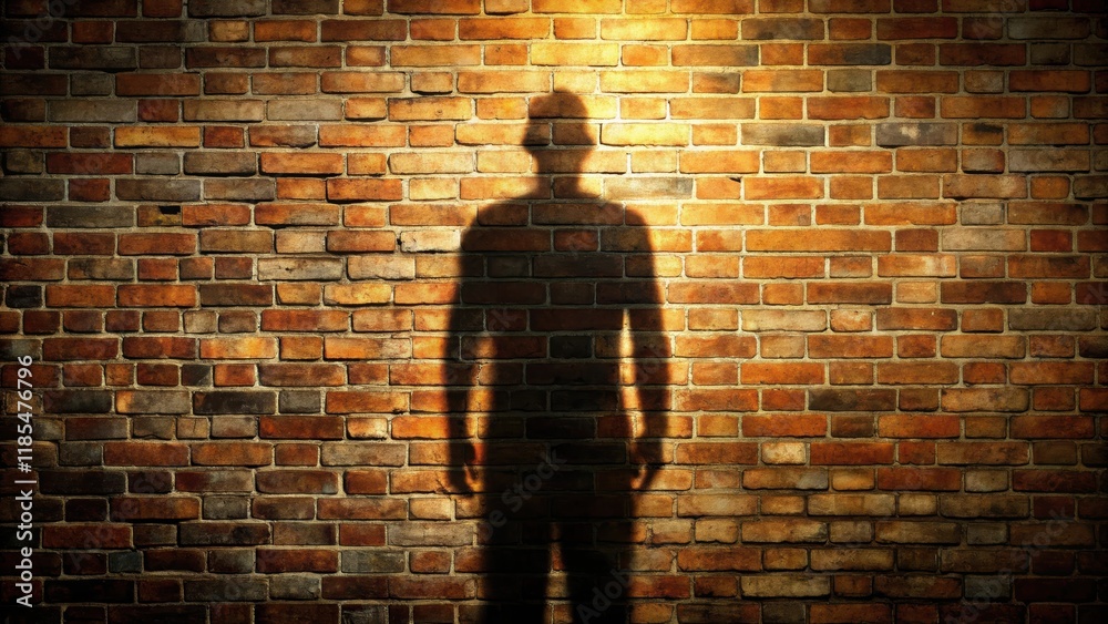 Eerie shadow figure cast on old brick wall, creating a sense of mystery ...