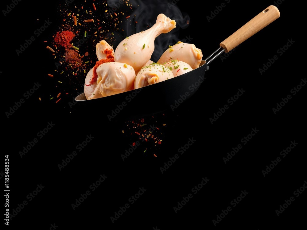 High resolution image of a flying wok with chicken and spices in low ...
