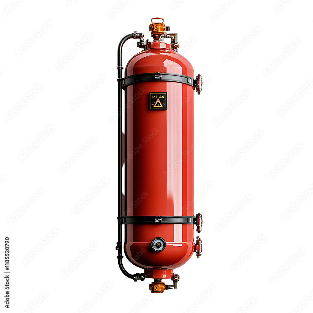 Red Gas Cylinder with Safety Valves and Piping Isolated on Transparent ...