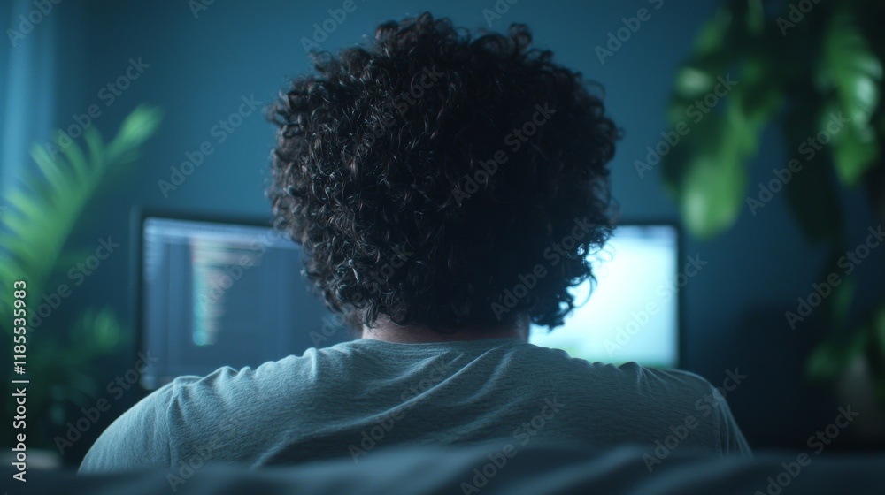 Nighttime Coding Rear View of Curly-Haired Programmer at Dual Monitors ... Nighttime Coding Rear View of Curly-Haired Programmer at Dual Monitors ...