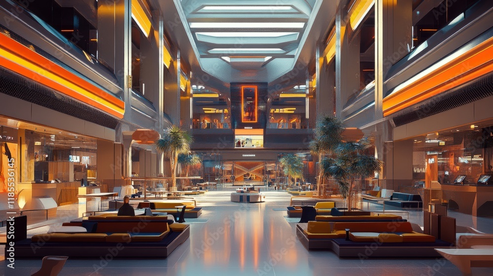 A 3D illustrated interior of a shopping mall's central plaza, with open ...