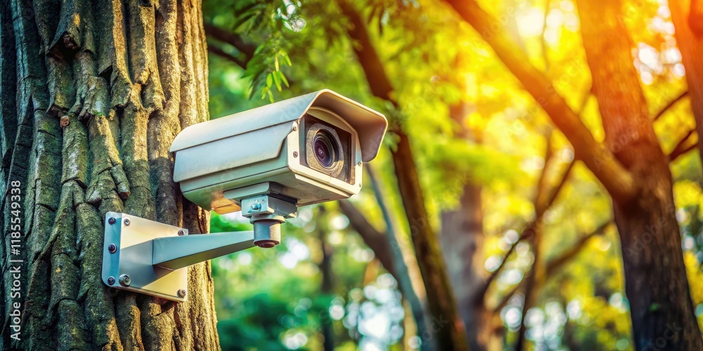 Retro spy camera, hidden in the woods, vintage film grain captures ...