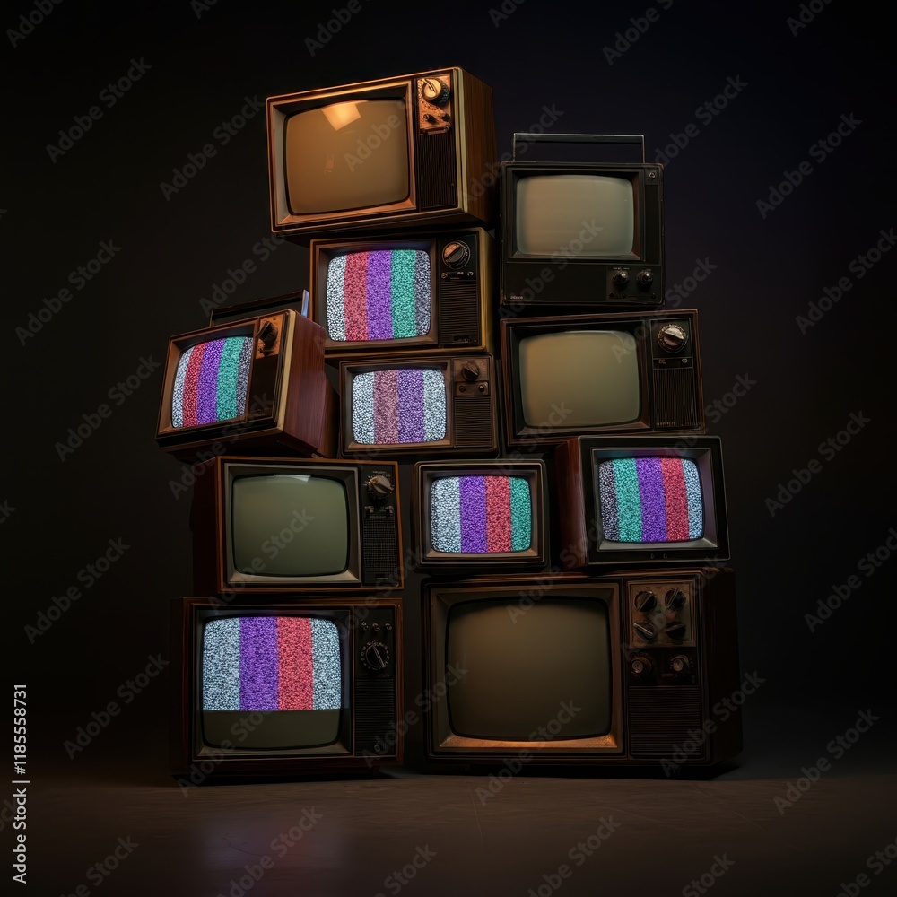 Vintage television sets, stacked retro TVs, old-fashioned electronics, wooden TV cabinets ...