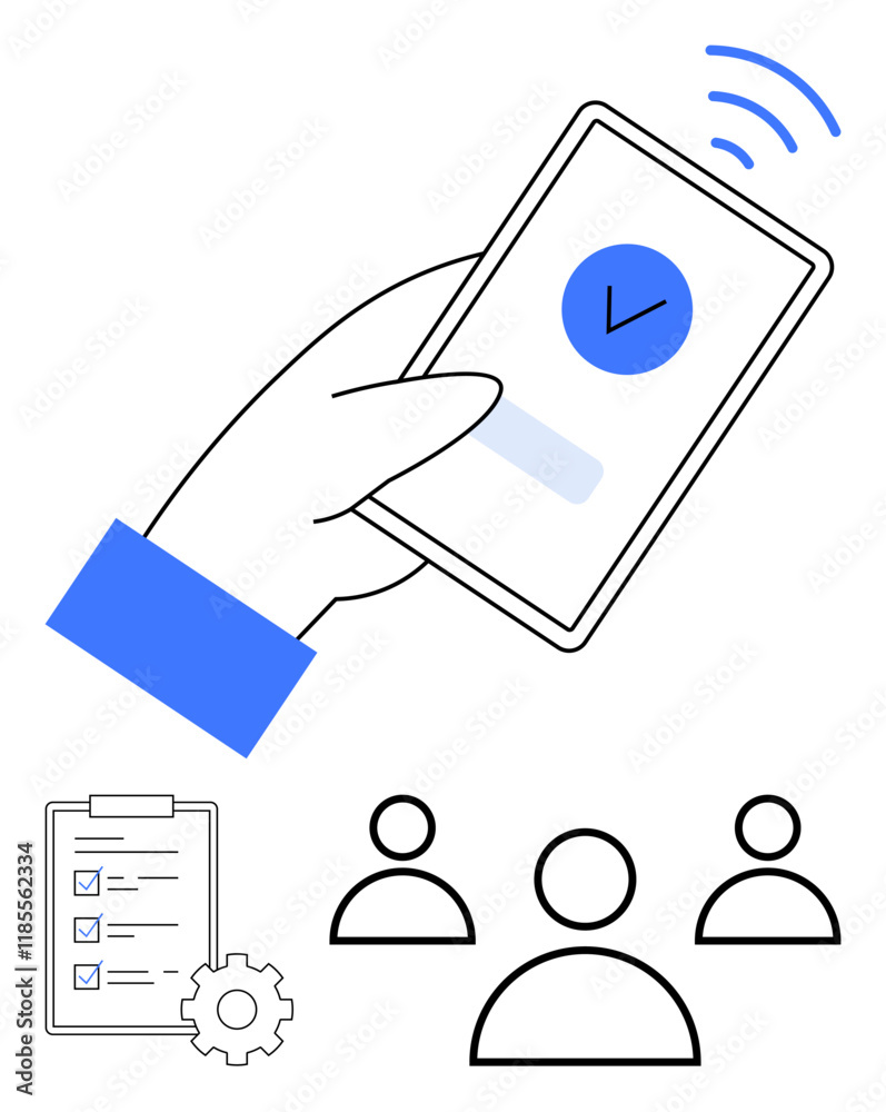 Hand holding smartphone with success checkmark, clipboard with ...