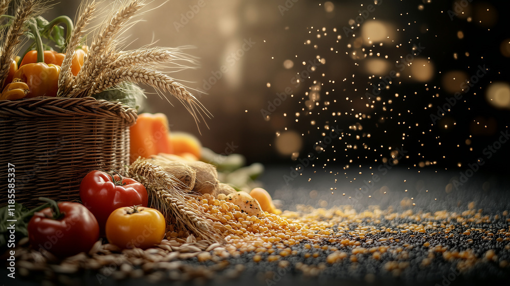 Rye wheat and vegetables in a basket on farmer table, harvesting ...