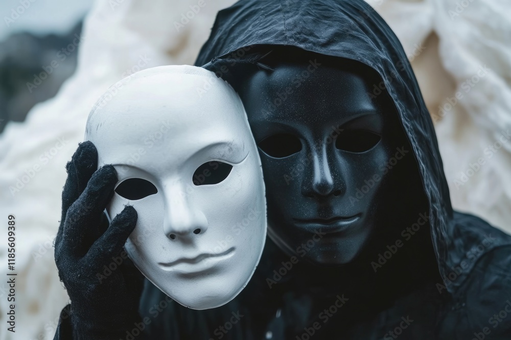 Ilustración de Stock Enigmatic Figure in Dark Mask Clutching a Pale ...