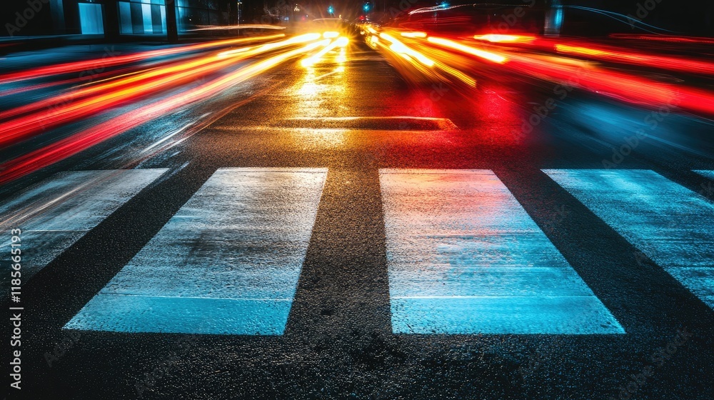 Pedestrian crosswalk at night with blurred car lights creating a ...