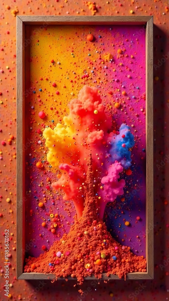 product display frame with colorful explosion of powder paint. Holi ...