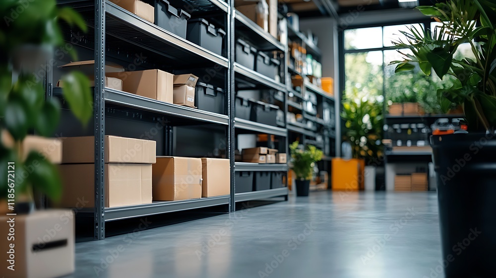 Well organized industrial shelving system in a warehouse or ...