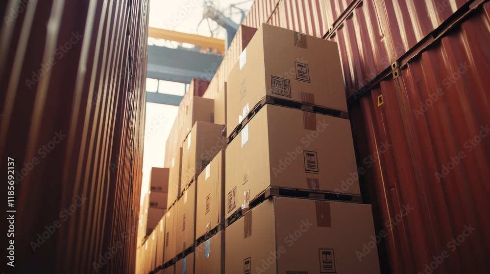Shipping containers stacked at port logistics facility industrial ...